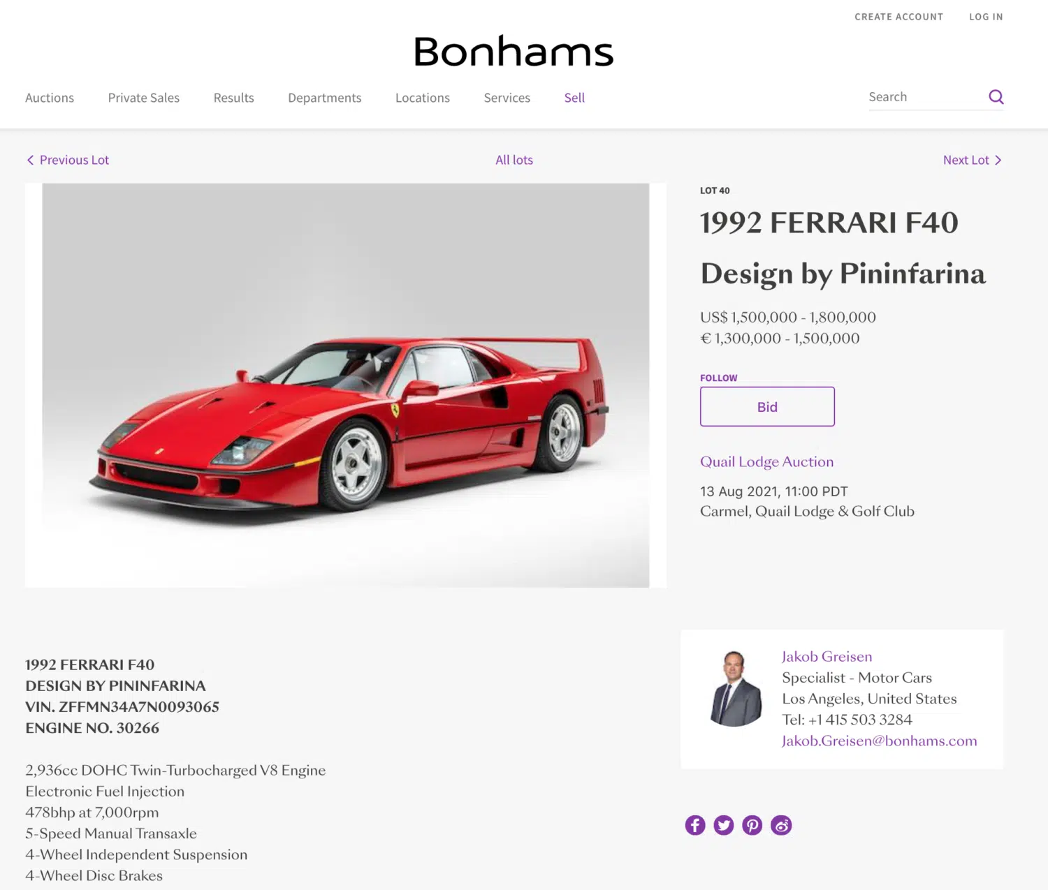 Ferrari F40 : un rare exemplaire américain à vendre - Les Voitures
